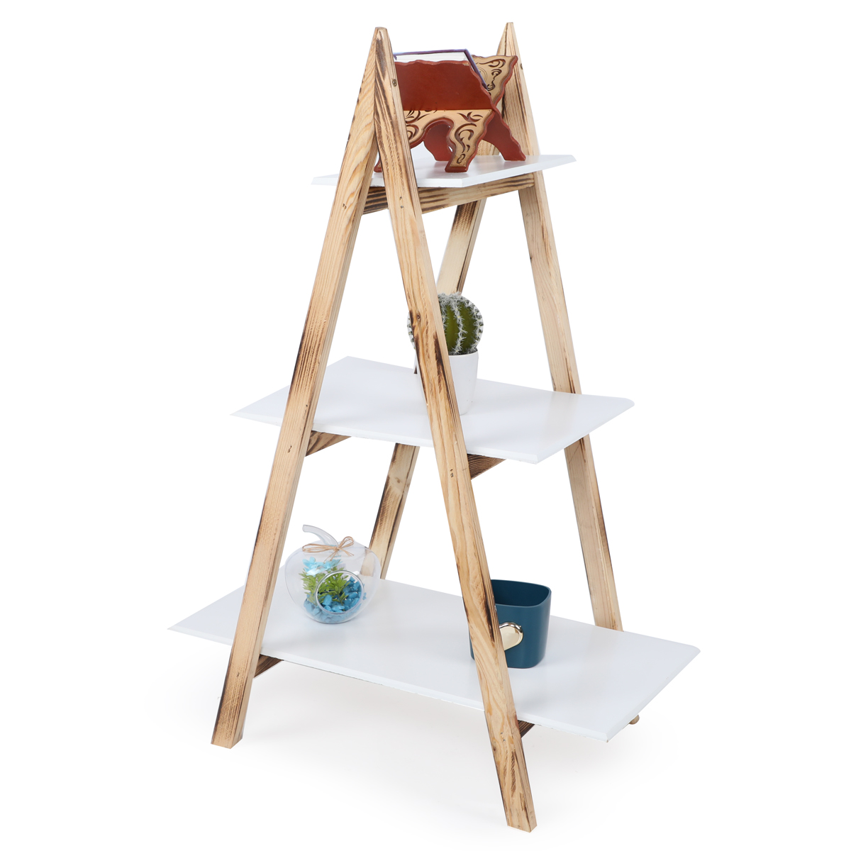 Étagère Echelle en bois forme triangle 3 planches de rangement 88 x 34 cm