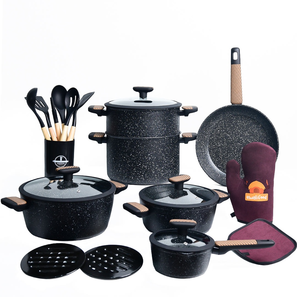 Batterie De Cuisine Sizar 21 Pièces Granite Noir M2