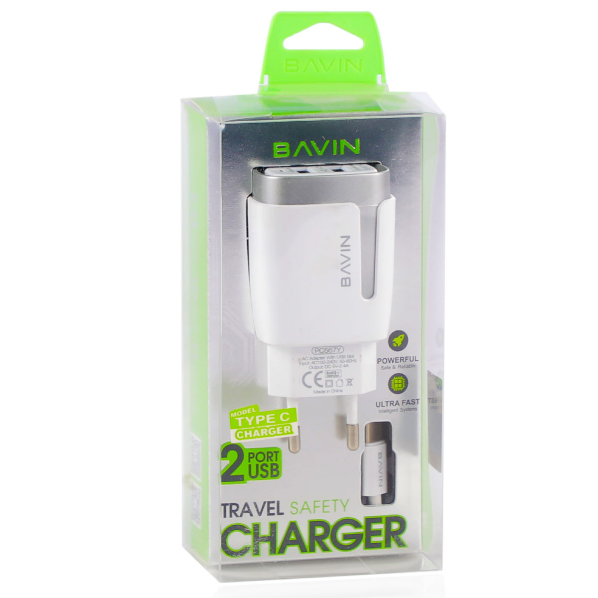 Bavin Chargeur 2 Usb 2.4A + Cable Usb To TYPE C - Blanc - PC567Y