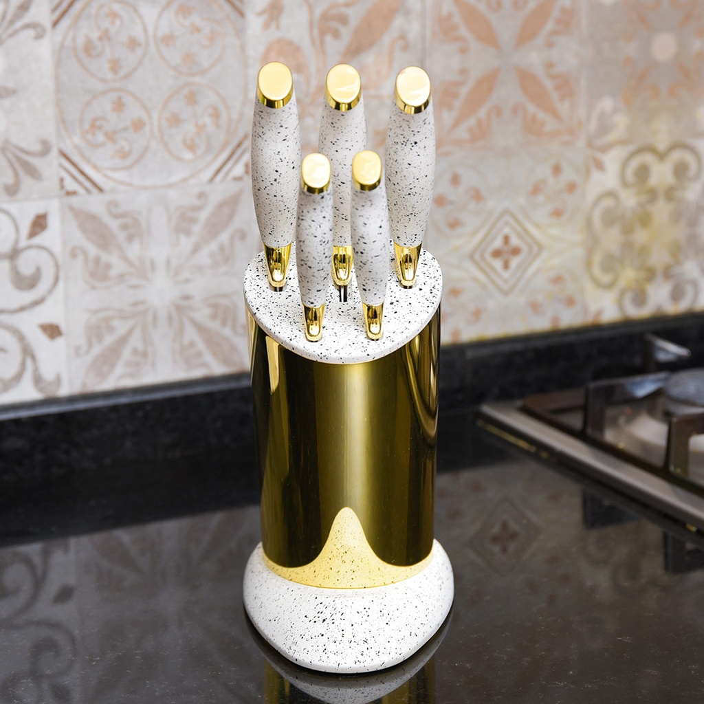 Ensemble 6 Pièces: 5 Couteaux avec Support Blanc