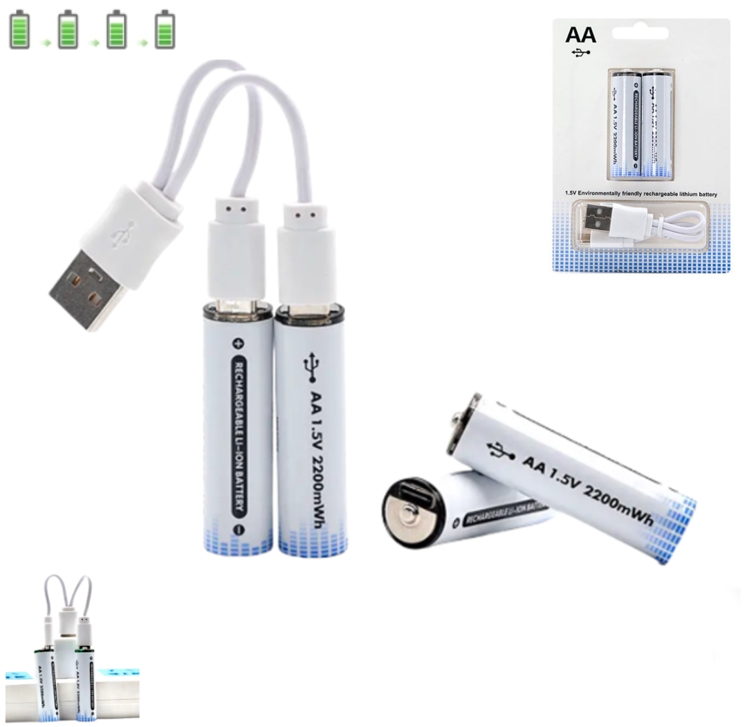 Lot De 2 Piles AA Rechargeable 1,5 V, 2200 mWh, Li-Ion Avec Chargement USB